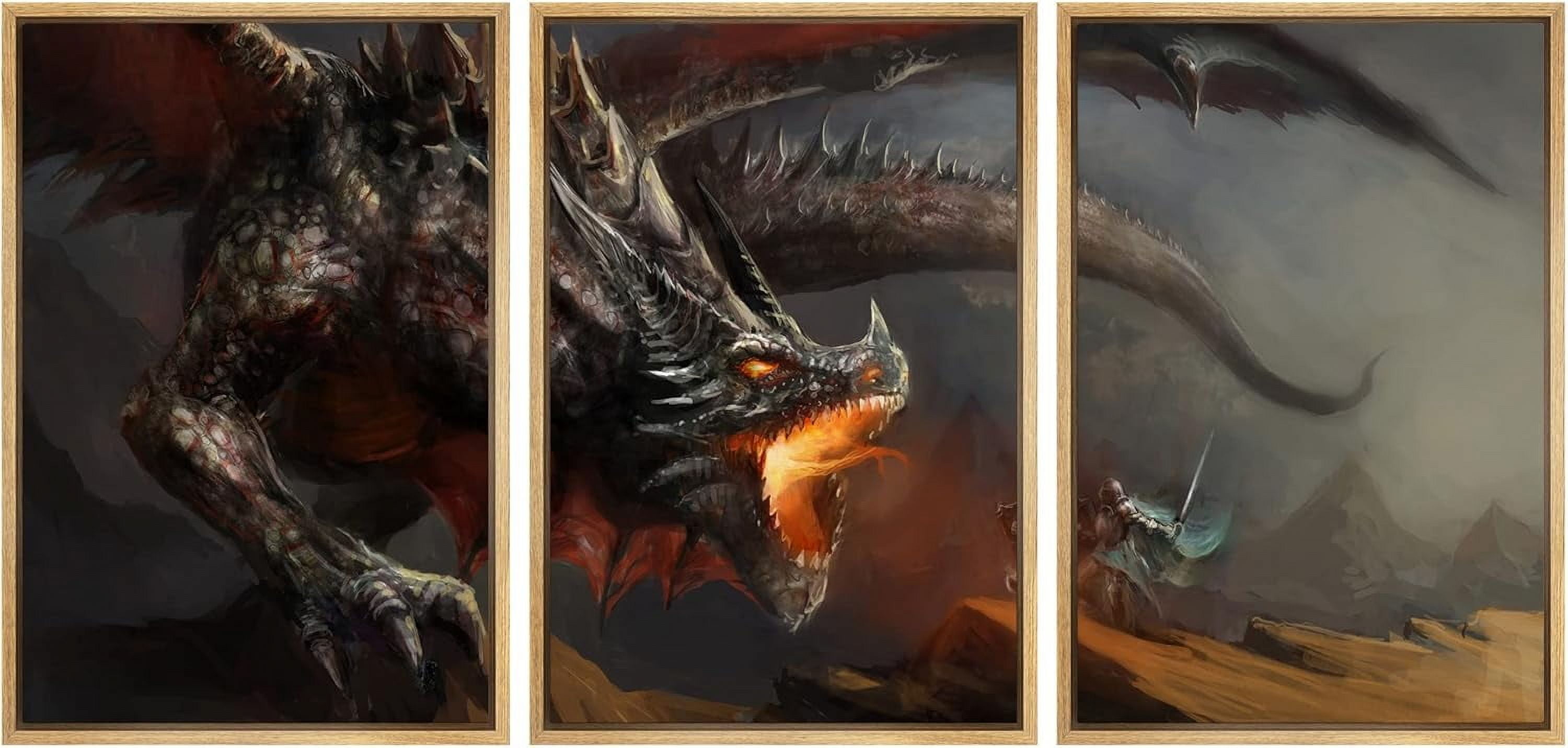 KSIW- Canvas Print Wall Art Set Fire Dragon & Shining Knight Duel ...