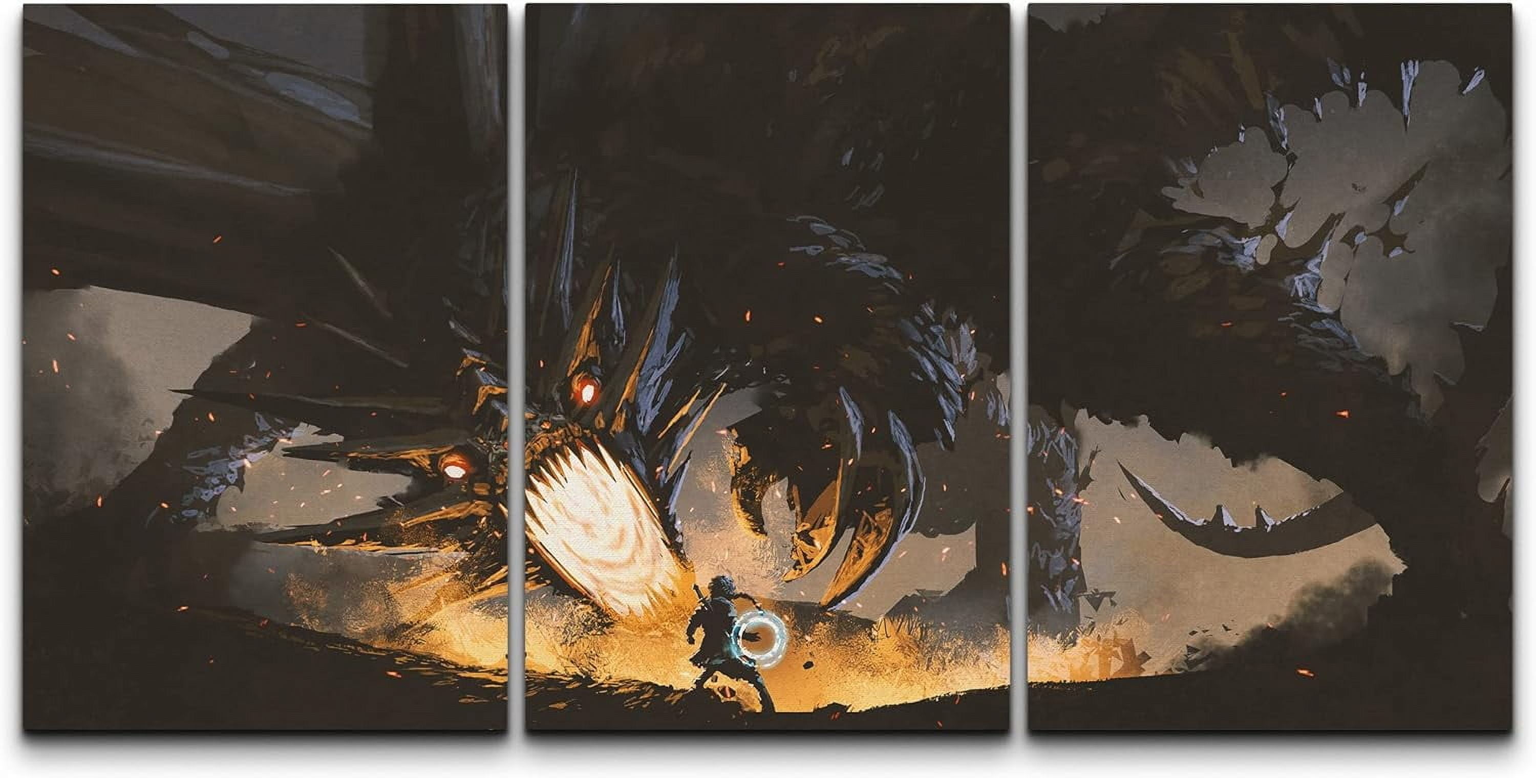 KSIW-Canvas Print Wall Art Set Mystic Fire Breathing Dragon & Knight ...