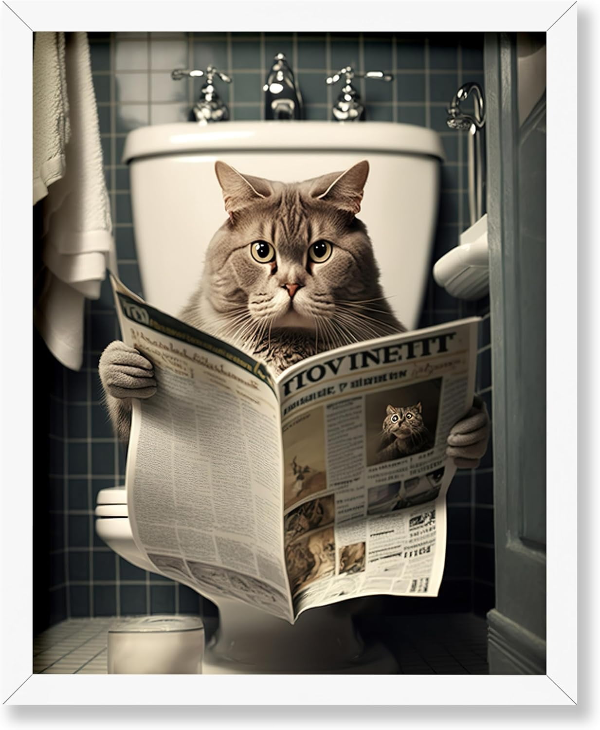 KSIW- Cat Sitting on Toilet Poster - Cat Reading a Newspaper Print ...