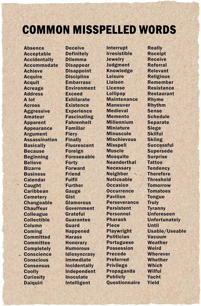 KSIW-Common Misspelled Words Classroom Spelling Chart Poster Writing ...