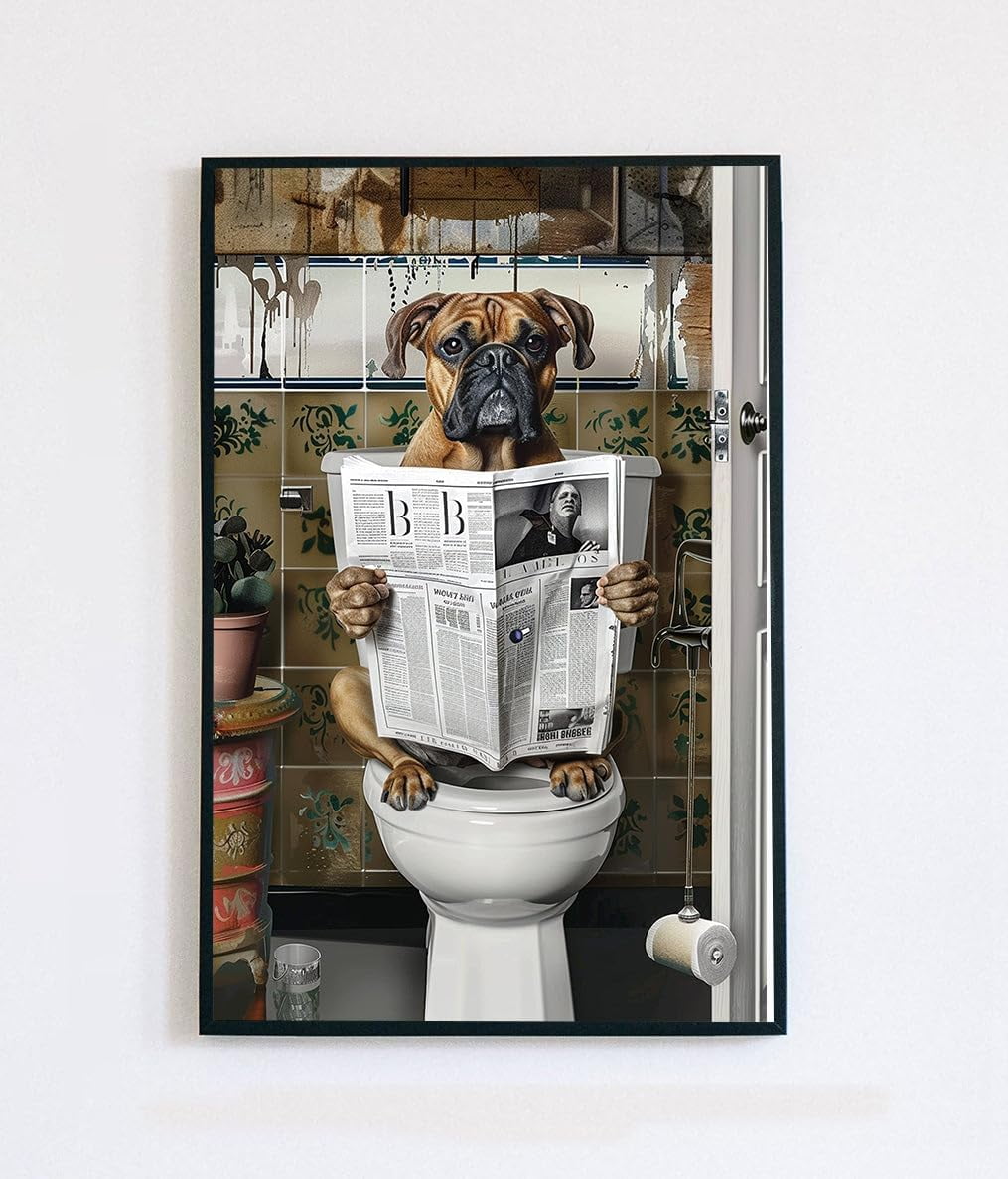 KSIW- Funny Boxer Dog Wall Poster, Boxer Dog Reading Newspaper On ...
