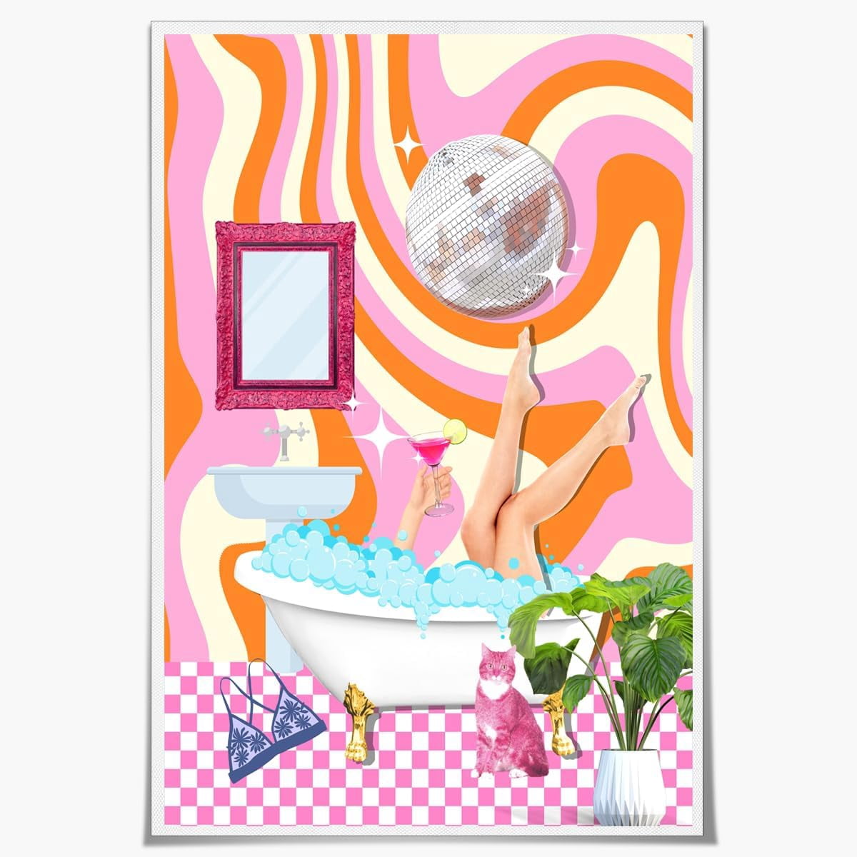 KSIW- Funny Disco Ball Bathroom Canvas Pink Wall Art Decor Posters ...
