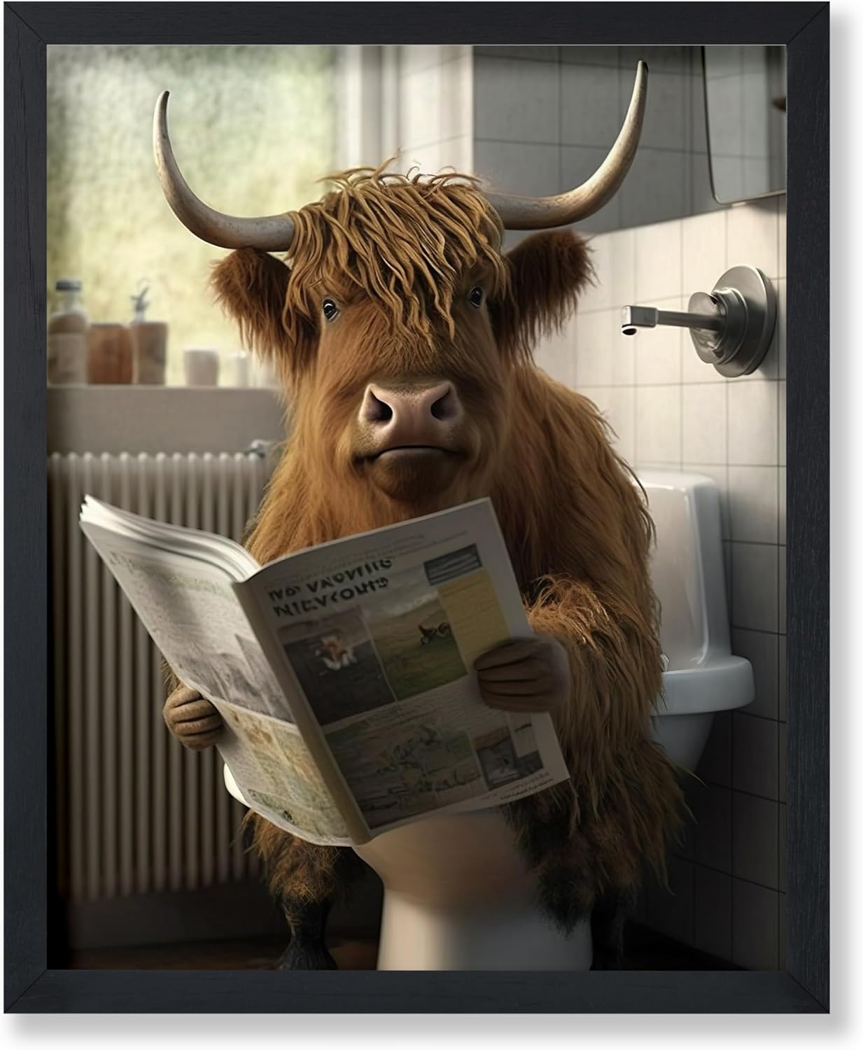 KSIW- Highland Cow Sitting on Toilet Poster - Cow Reading a Newspaper ...