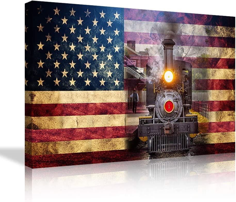 KSIW-Large American Flag Wall Art Vintage Train Painting Canvas US Flag ...