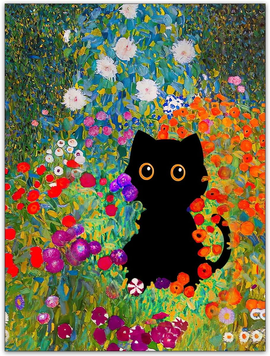KSIW- Vintage Black Cat Poster Impressionist Colorful Flower Garden ...