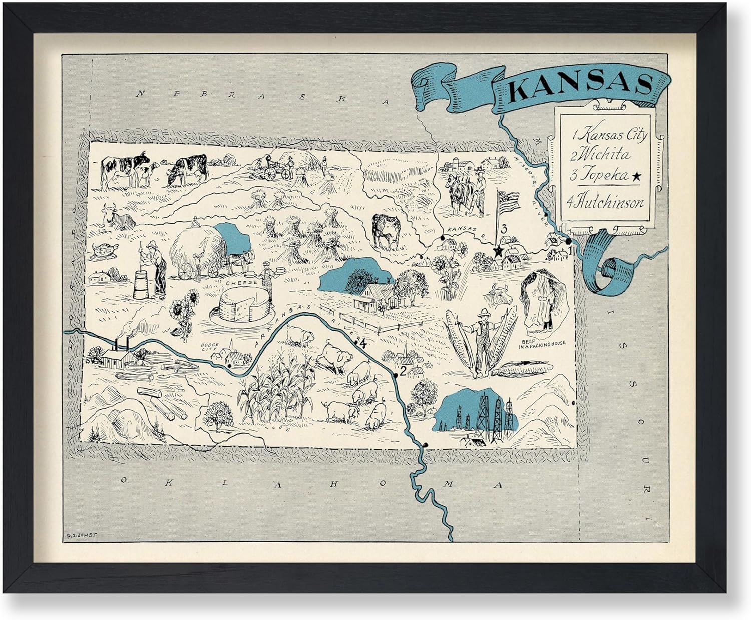 KSIW- Vintage Map Poster - Retro Kansas Map Print - Kansas State Map Art - Gift for Teacher ...