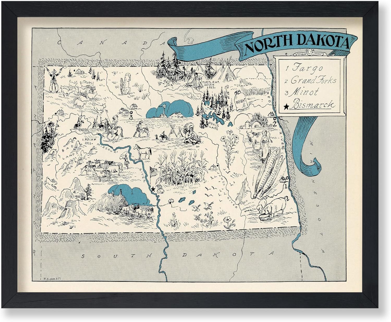 KSIW- Vintage Map Poster - Retro North Dakota Map Print - North Dakota State Map Art - Gift for ...