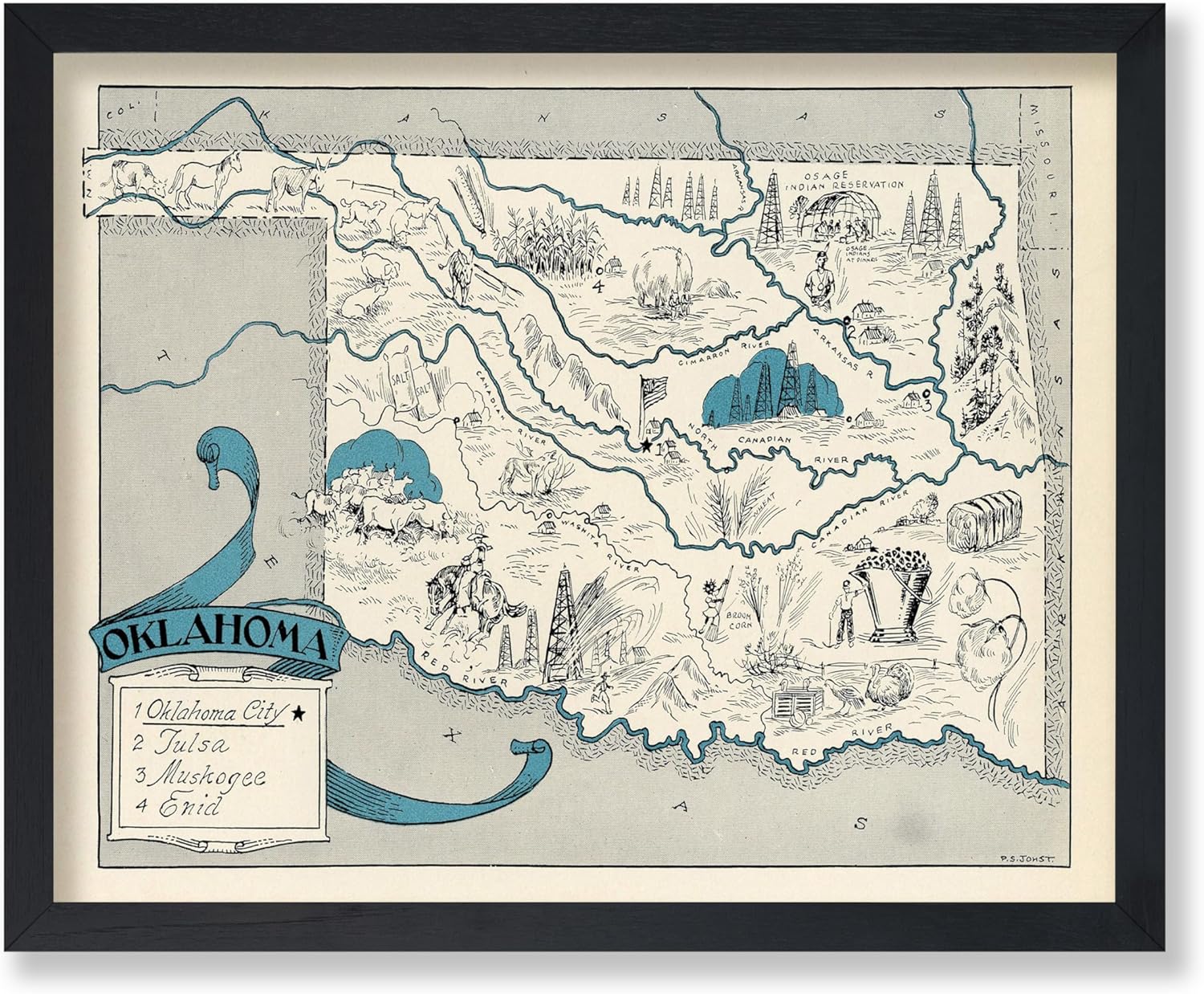 KSIW- Vintage Map Poster - Retro Oklahoma Map Print - Oklahoma State Map Art - Gift for Teacher ...