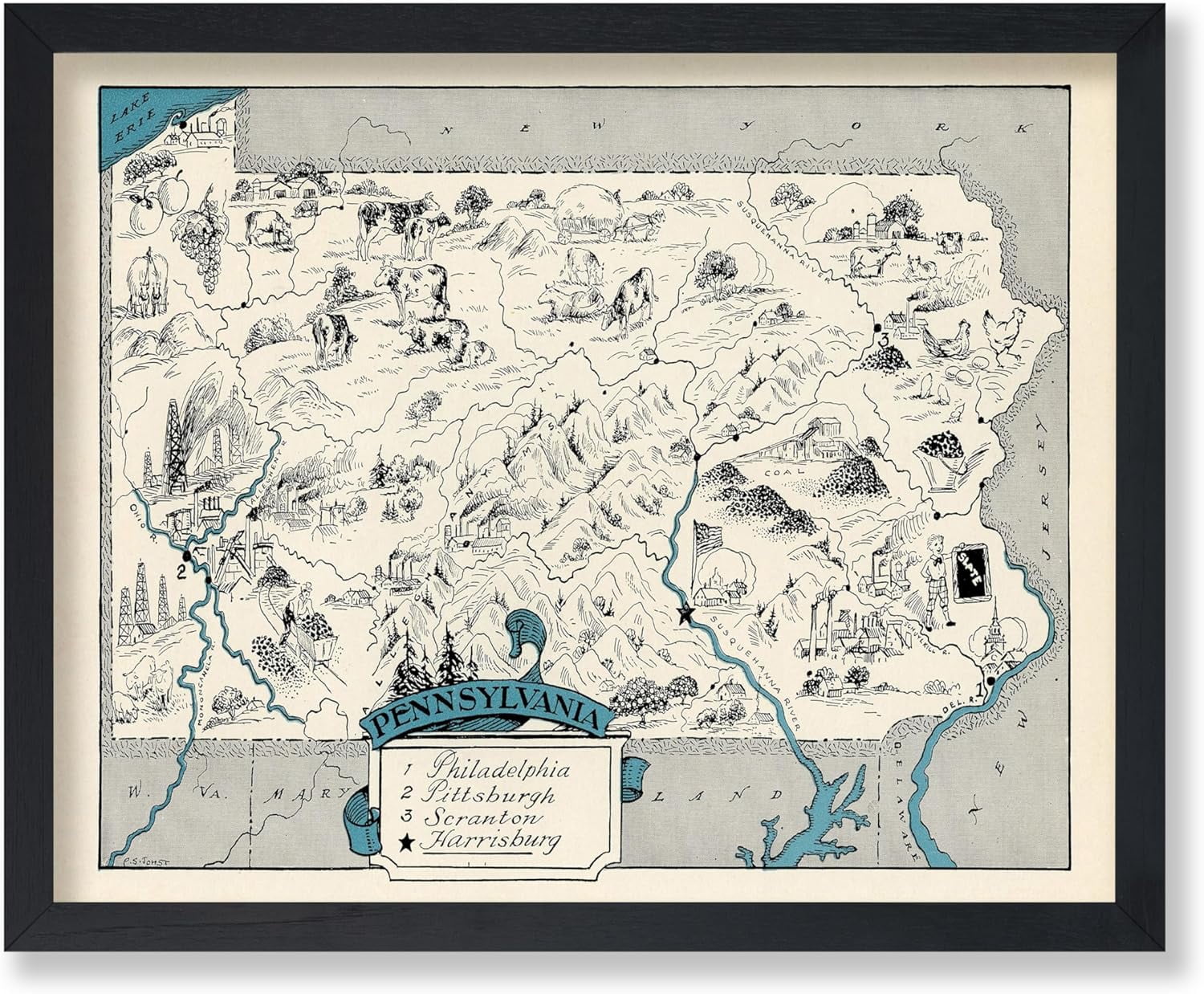 KSIW- Vintage Map Poster - Retro Pennsylvania Map Print - Pennsylvania State Map Art - Gift for ...