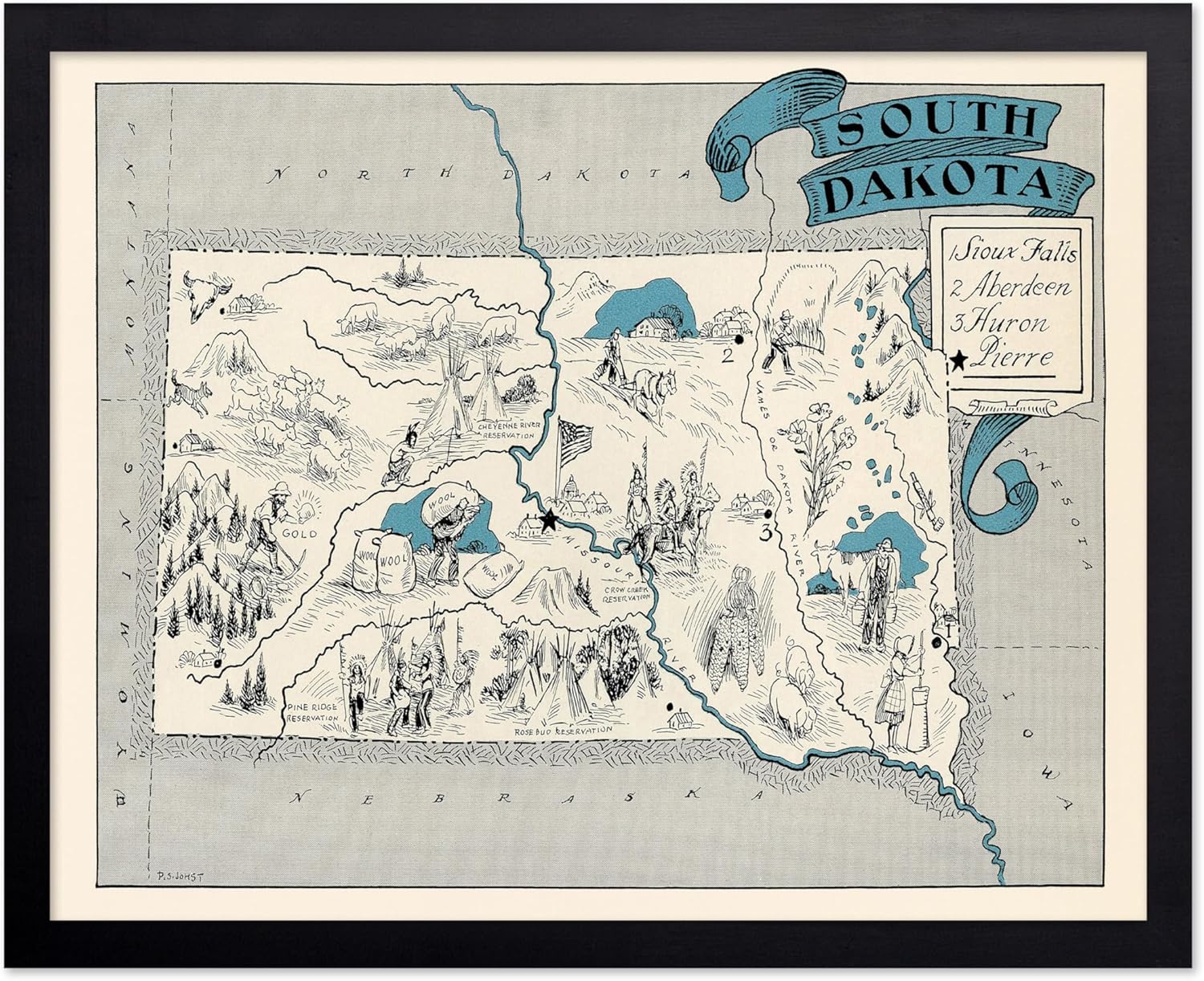 KSIW- Vintage Map Poster - Retro South Dakota Map Print - South Dakota State Map Art - Gift for ...