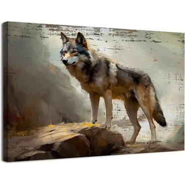 AABERIC Wolf Wooden Wall Art Rustic: Framed Wild Beige Animal Painting ...