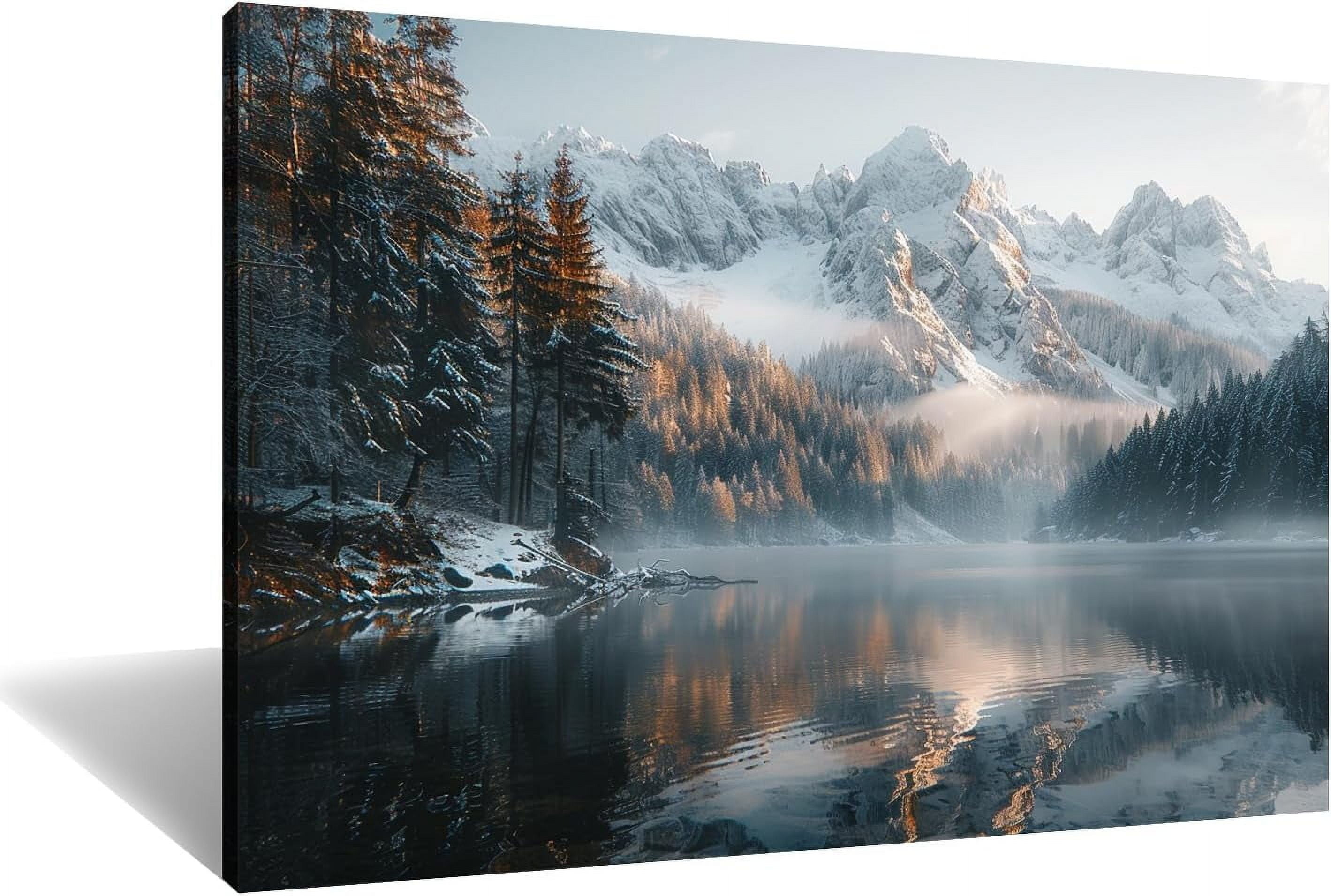 KSIW-Winter Framed Canvas Wall Art Home Decor Forest Lake Nature Landscape Poster Snowscape ...