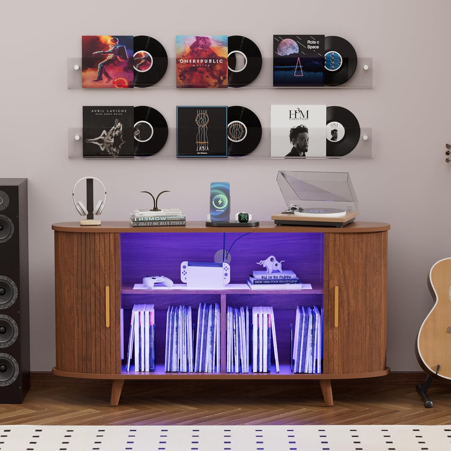 KSOBEBVT Record Player Stand with Vinyl Storage, Modern Media Cabinet ...