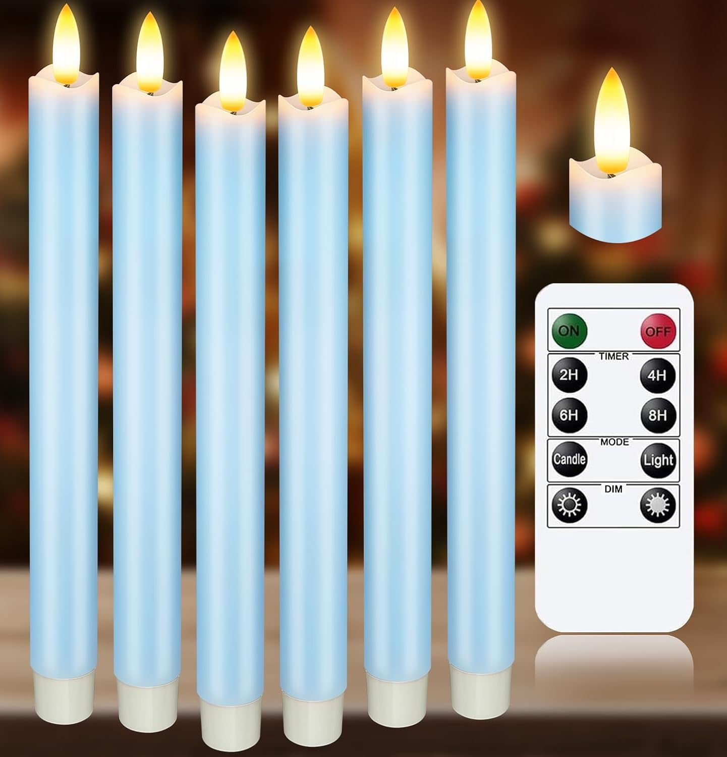 KSWING Upgraded Real Wax LED Flameless Light Blue Taper Candles with ...