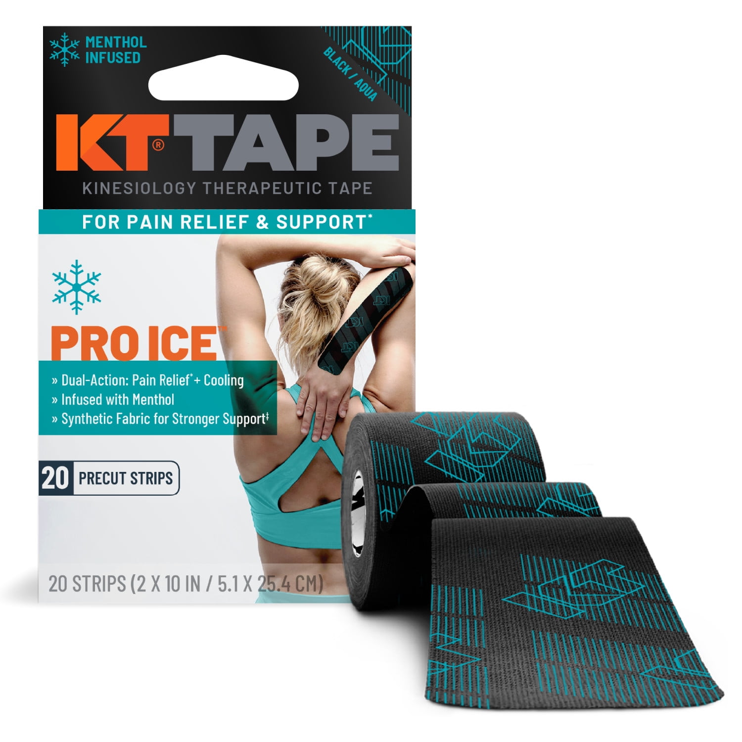 KT Tape Pro Ice Kinesiology Tape with Cooling Menthol for Dual-Action Pain Relief, Black, 20 ...