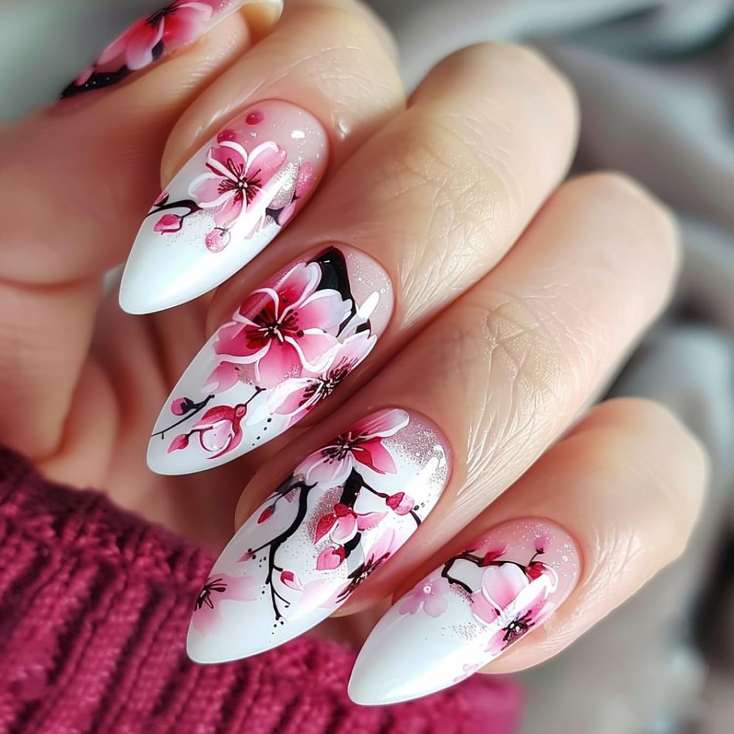 KTAABTR 24Pcs Spring Flowers Press on Nails Long Almond Nails Spring ...