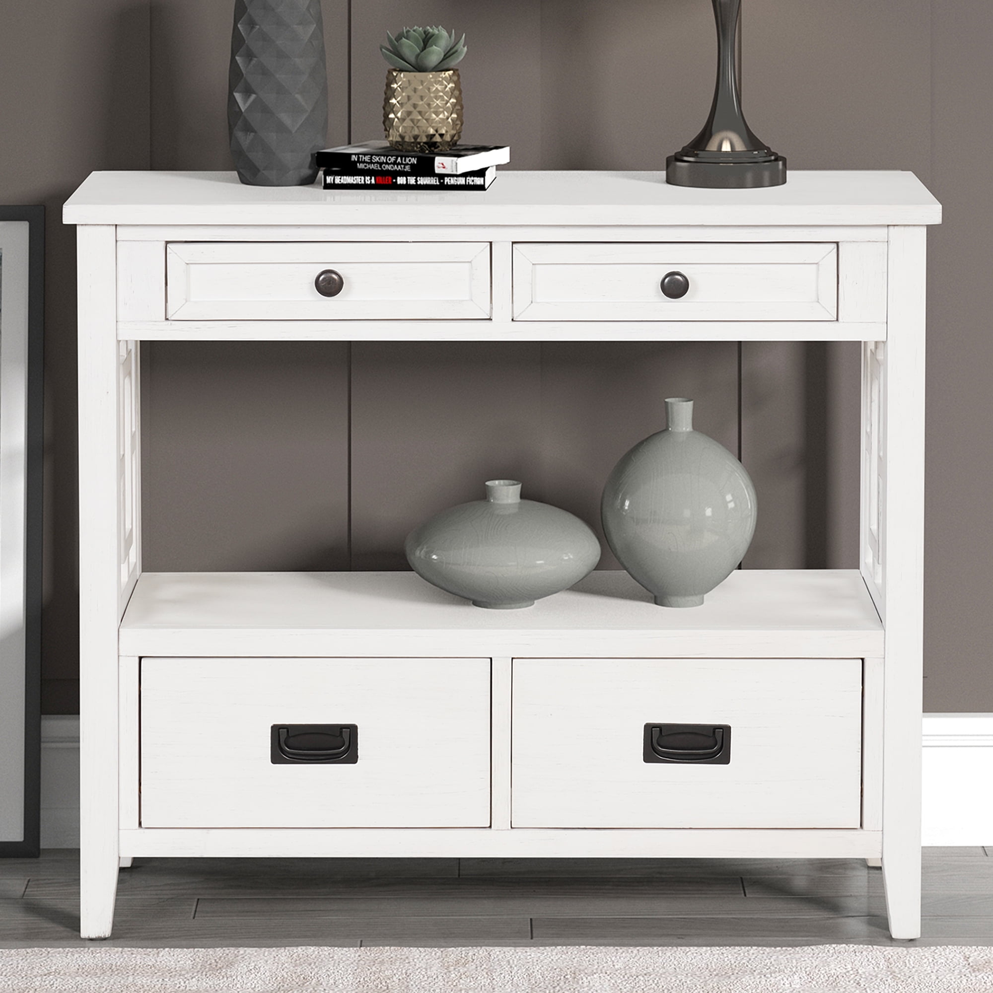 KTENME 36 Inch Farmhouse Console Table With 4 Drawers 1 Storage Shelf ...