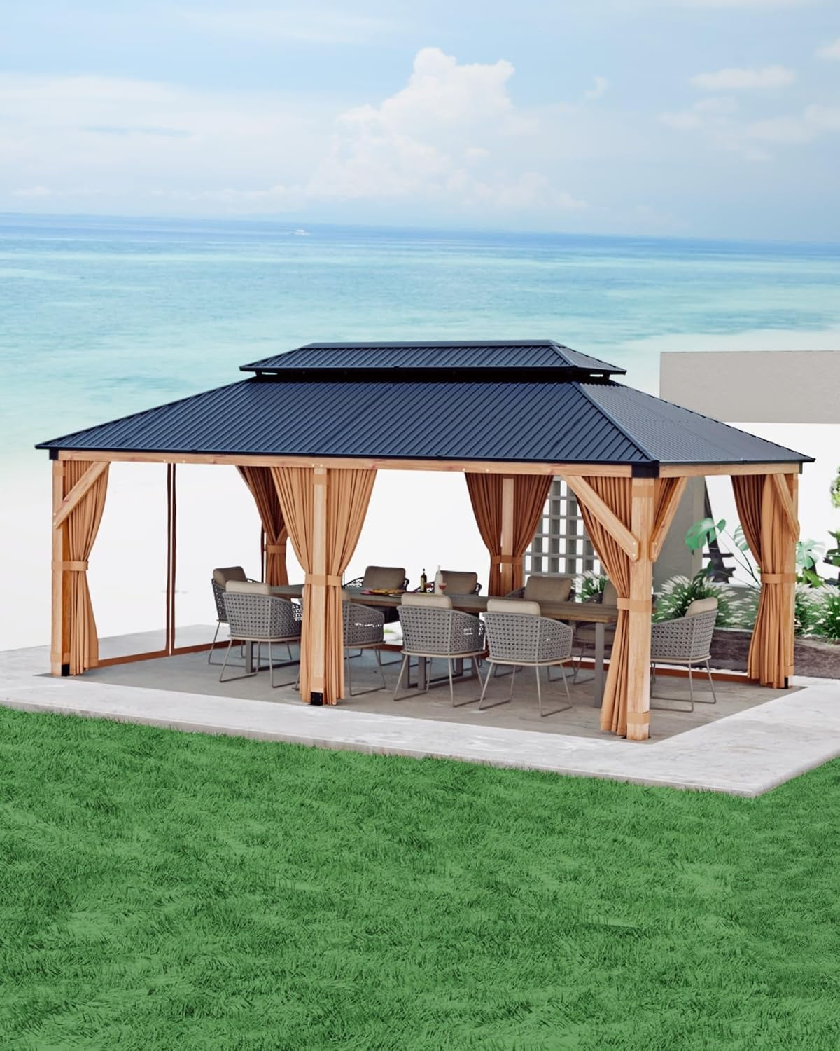 KTENME Hardtop Spruce Wood Gazebo 12'x20', with Double Roof of Metal ...
