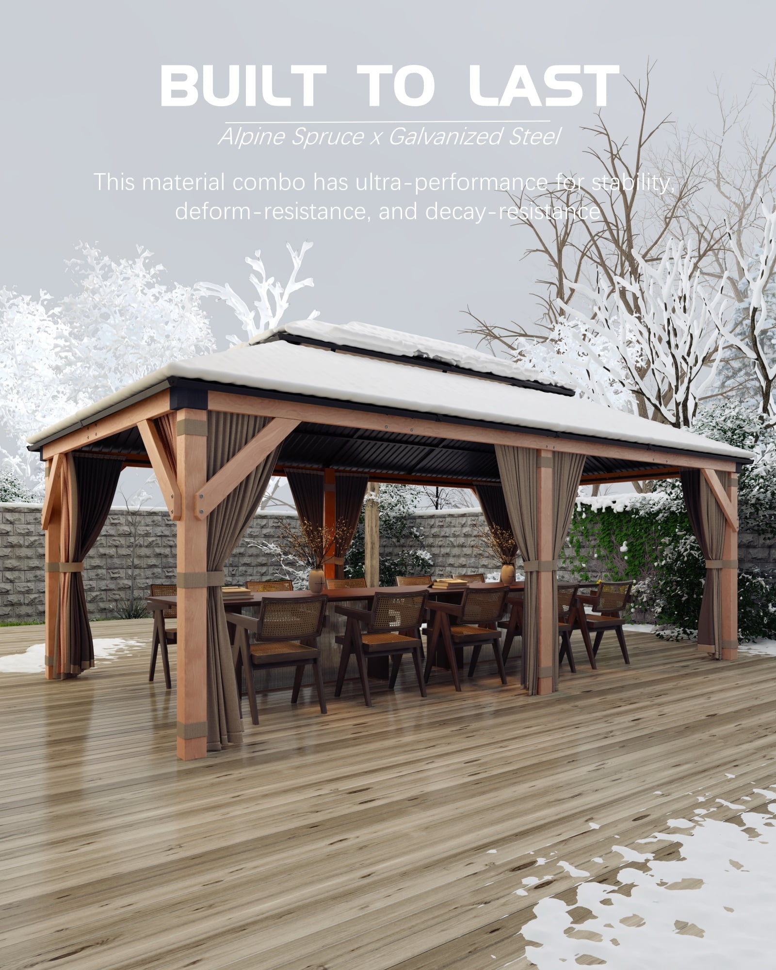 KTENME Hardtop Spruce Wood Gazebo 12'x20', with Double Roof of Metal ...