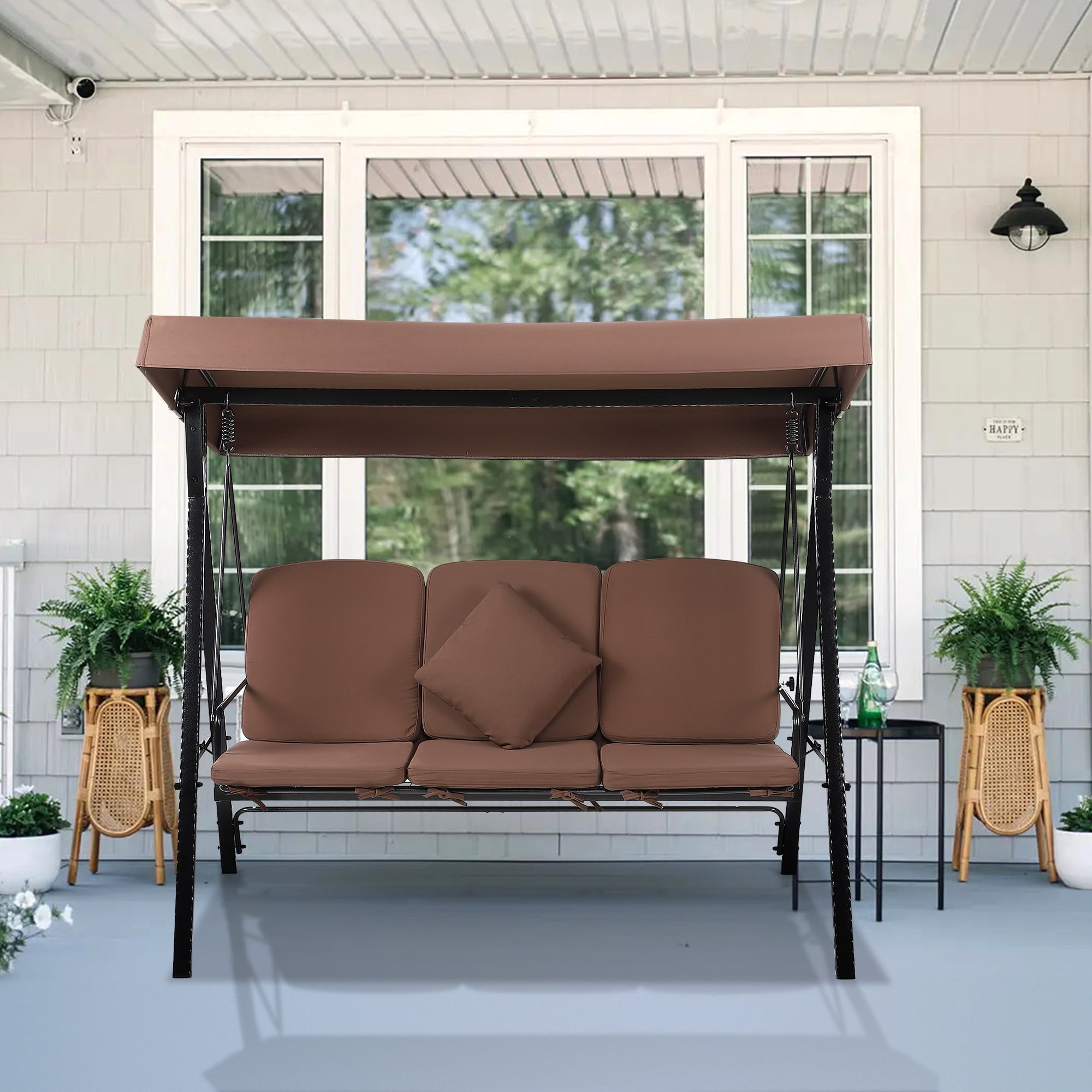 KTENME Patio Swing Chair, 2 in 1 Patio Porch Swing Bed, 3-Seat Outdoor ...