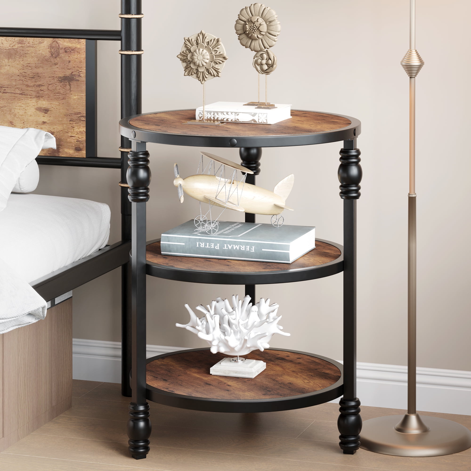 KTENME Round Side Table, 3-Tier End Table Living Room Accent Table with Storage Shelf and Metal ...