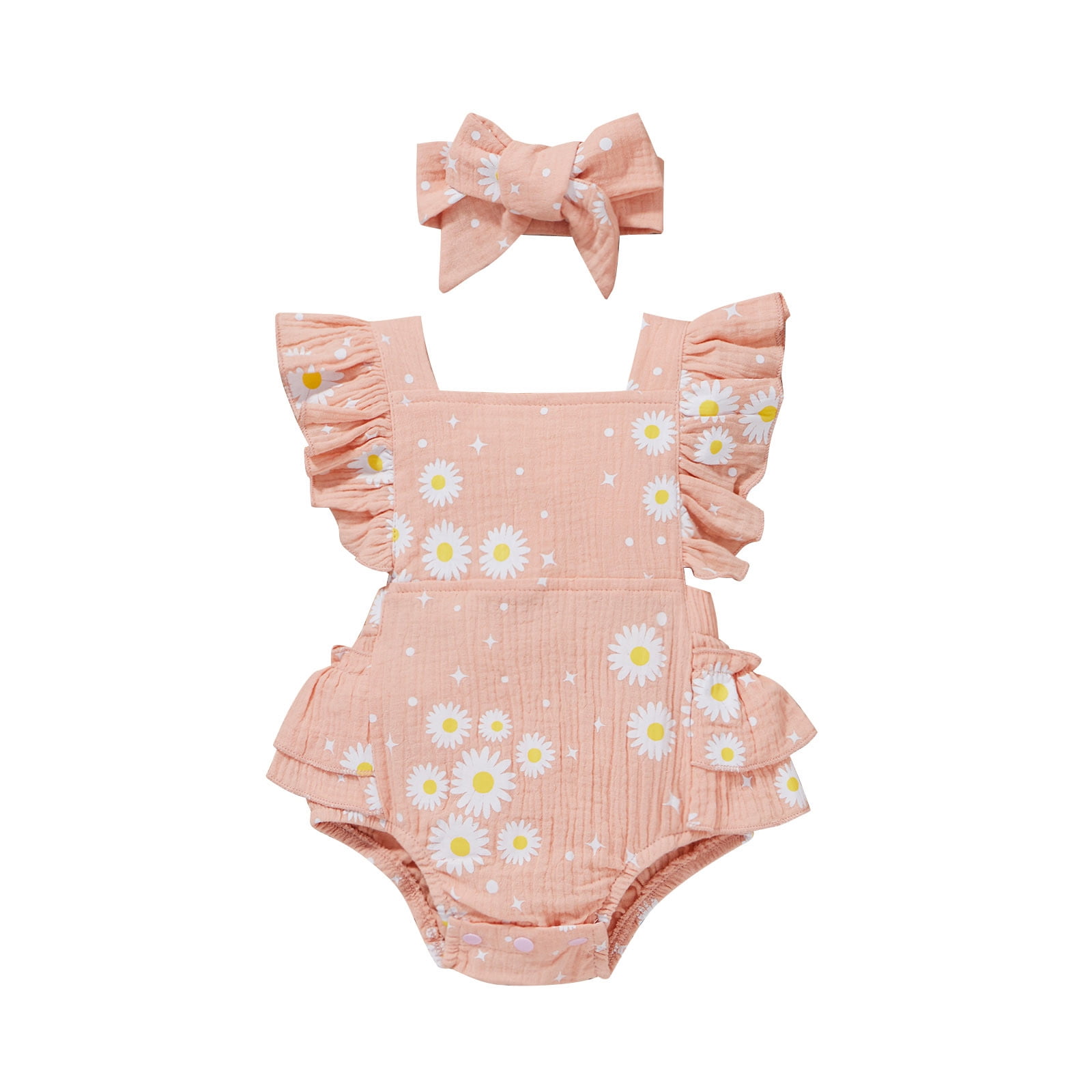 KTMKH Baby Girls Ruffles Floral Printed Backless Romper Bodysuit+Headbands Casual Outfits For 3 ...