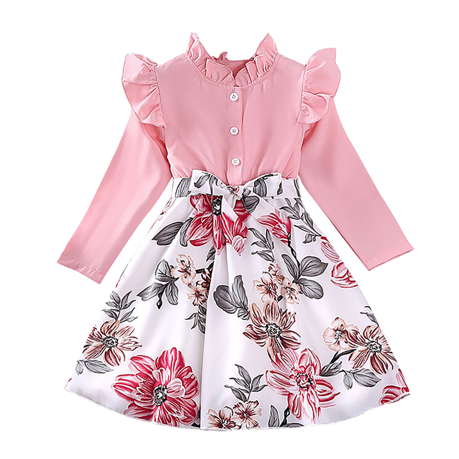 KTMKH Girls Long Sleeve Dress Casual Girl Kid Crew Neck Ruffled Floral ...