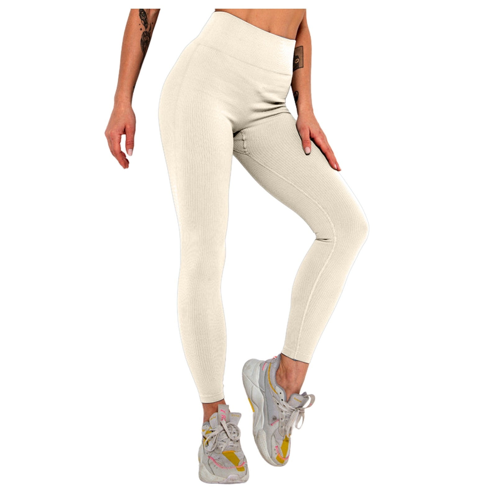 KTMKH New Women's Soft Solid Color Ribbed Fitness Leggings Seamless ...