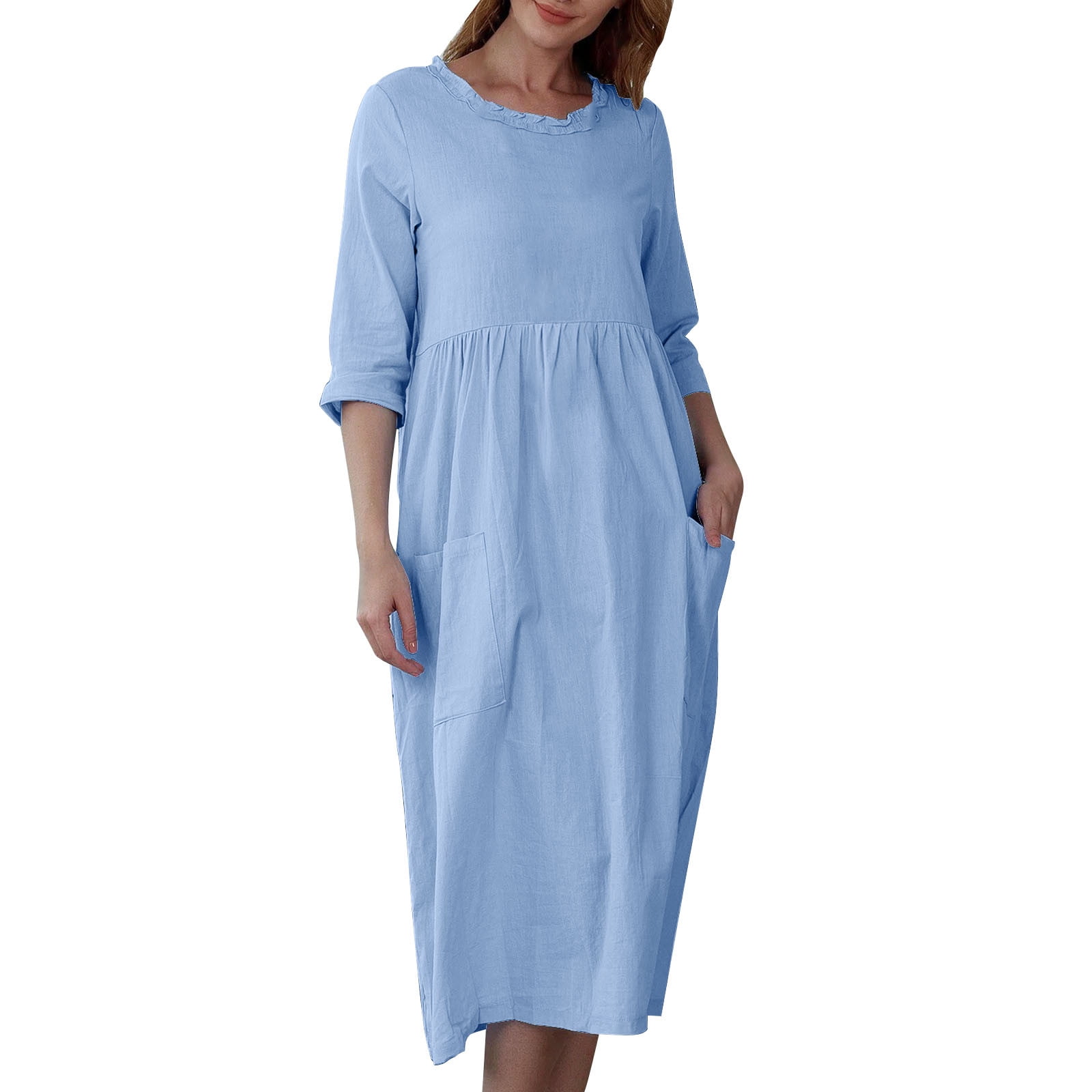 KTMKH Sundresses for Women Comfortable Solid Color Crew Neck Mid Sleeve ...