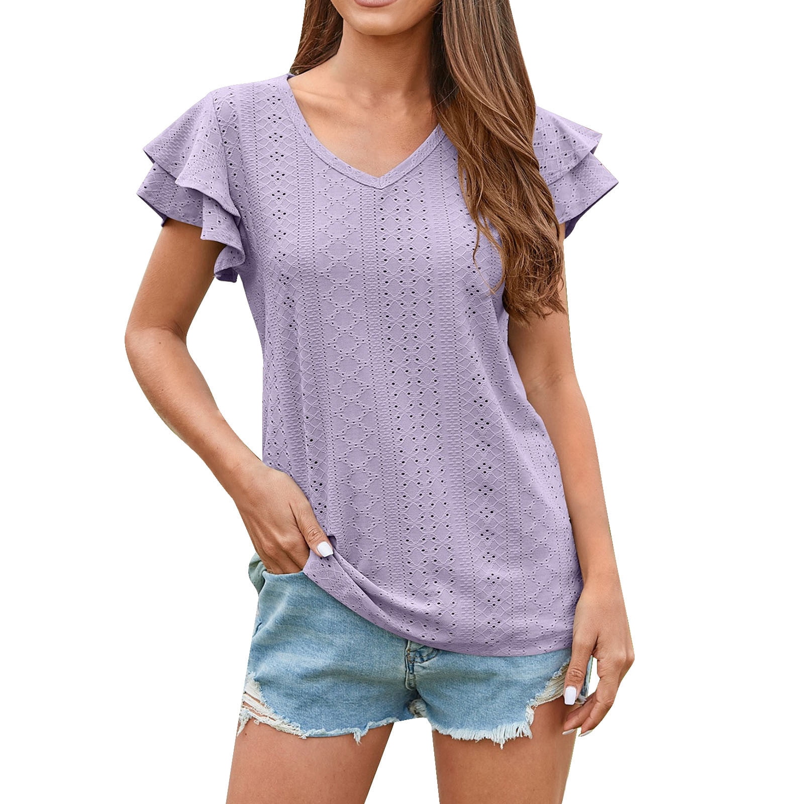 KTMKH Women Henley Shirts Solid Color Knitted Mesh Eyebrows Hollow ...