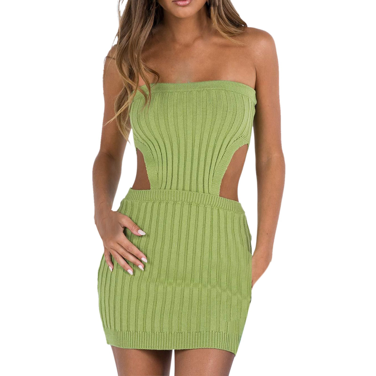 KTMKH Women Summer Dresses Sleevelesss Knitted Bra Solid Color Hollow ...