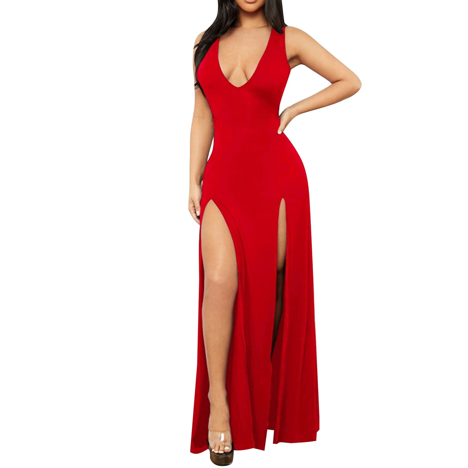 Ktmkh Womens Spring Summer Dresses Boho Floral Design V Neck High Slit