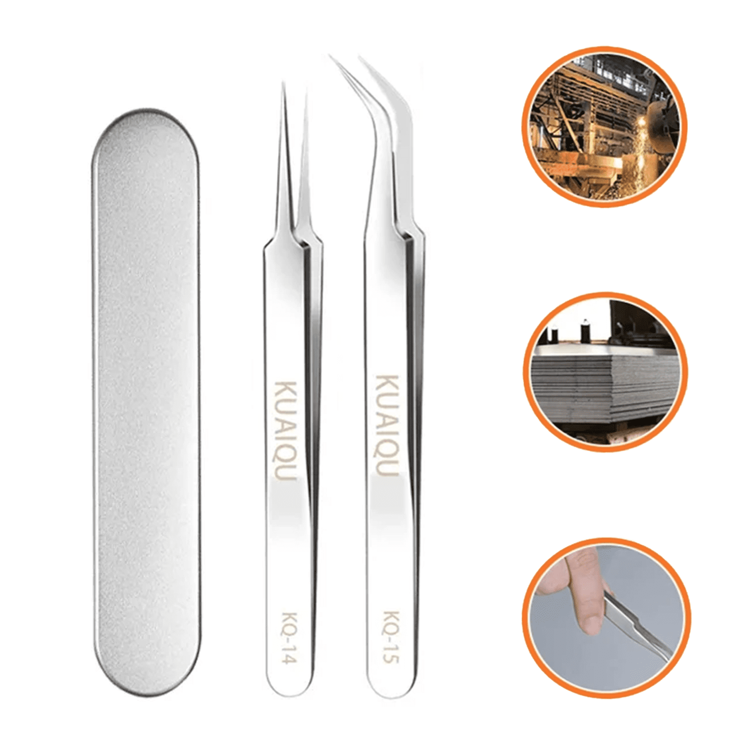 KUAIQU 2PCS Stainless Steel Thick Tweezers with Iron Case Electronic ...