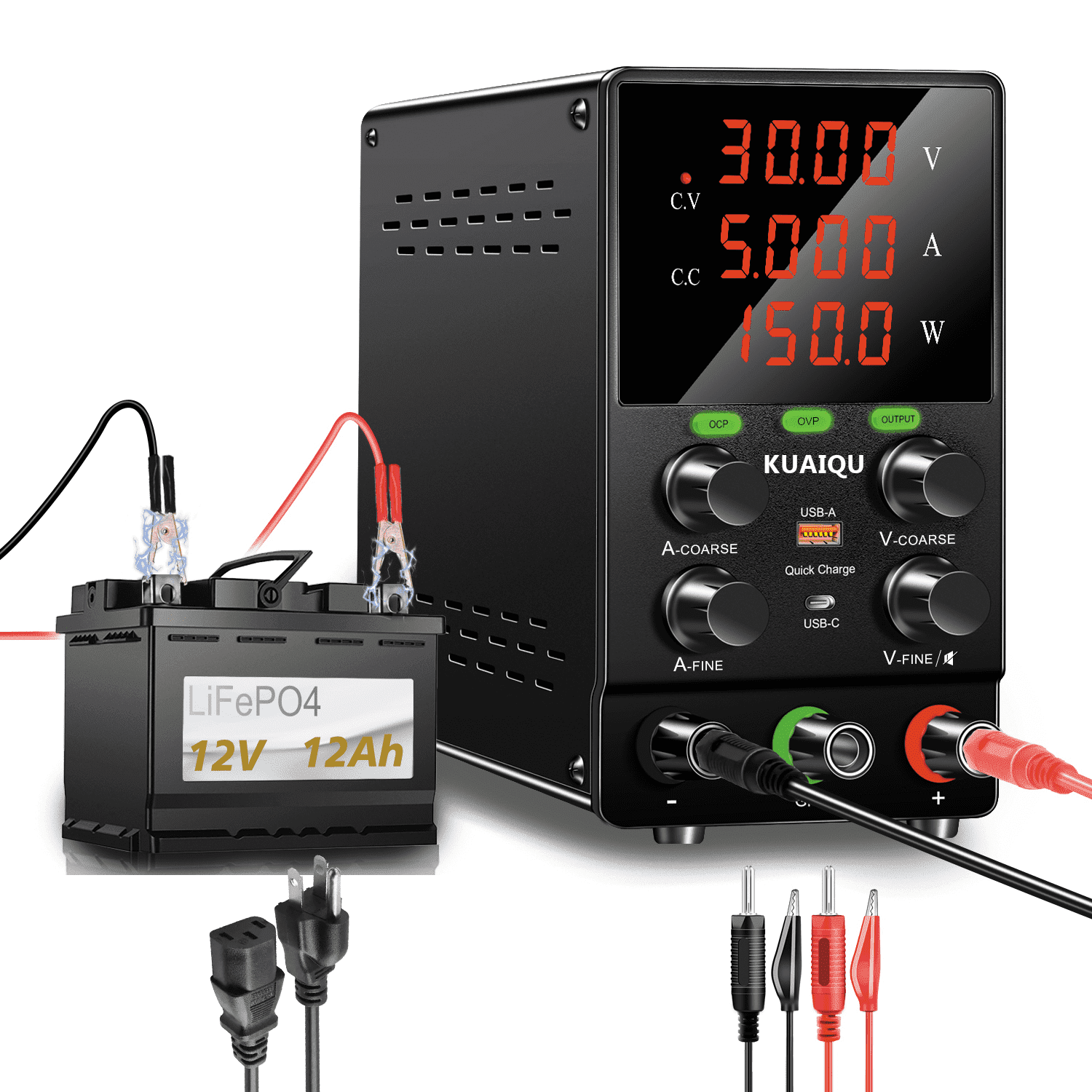 KUAIQU Adjustable DC Power Supply 30V 5A with Encoder Regulation and Output Switch OVP OCP Lab ...