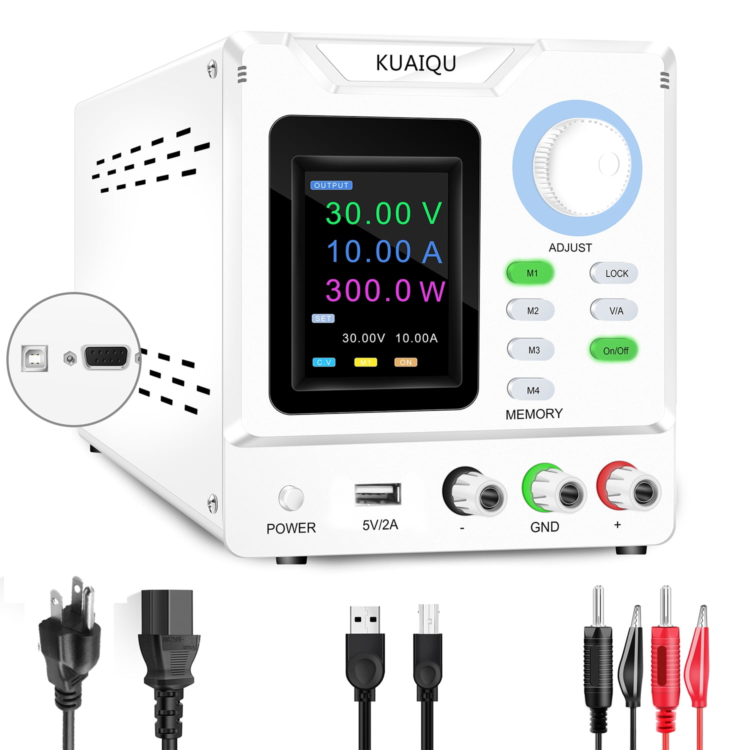 KUAIQU DC Power Supply Variable 30V 10A White Bench Power Supply with Memory Storage and Encoder ...