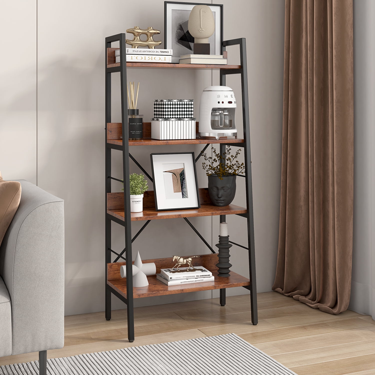 KUBEAUTY Modern Stylish DN 4 Layer Display Bookshelf with H Ladder ...
