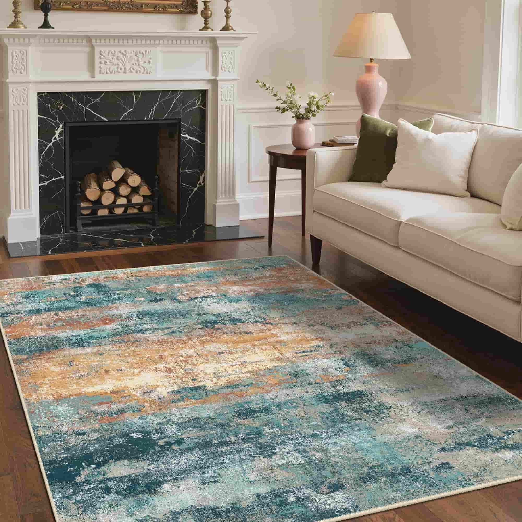 KUETH 5×7 Area Rug Washable for Living Room, Large Teal Blue Print ...