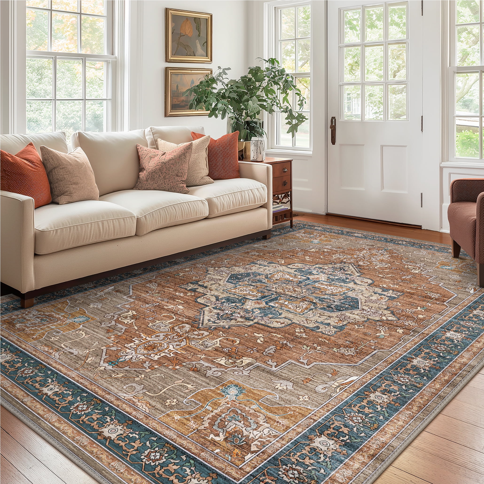 KUETH 5'x7' Washable Low Profile Area Rug, Non Slip, Vintage Style for ...