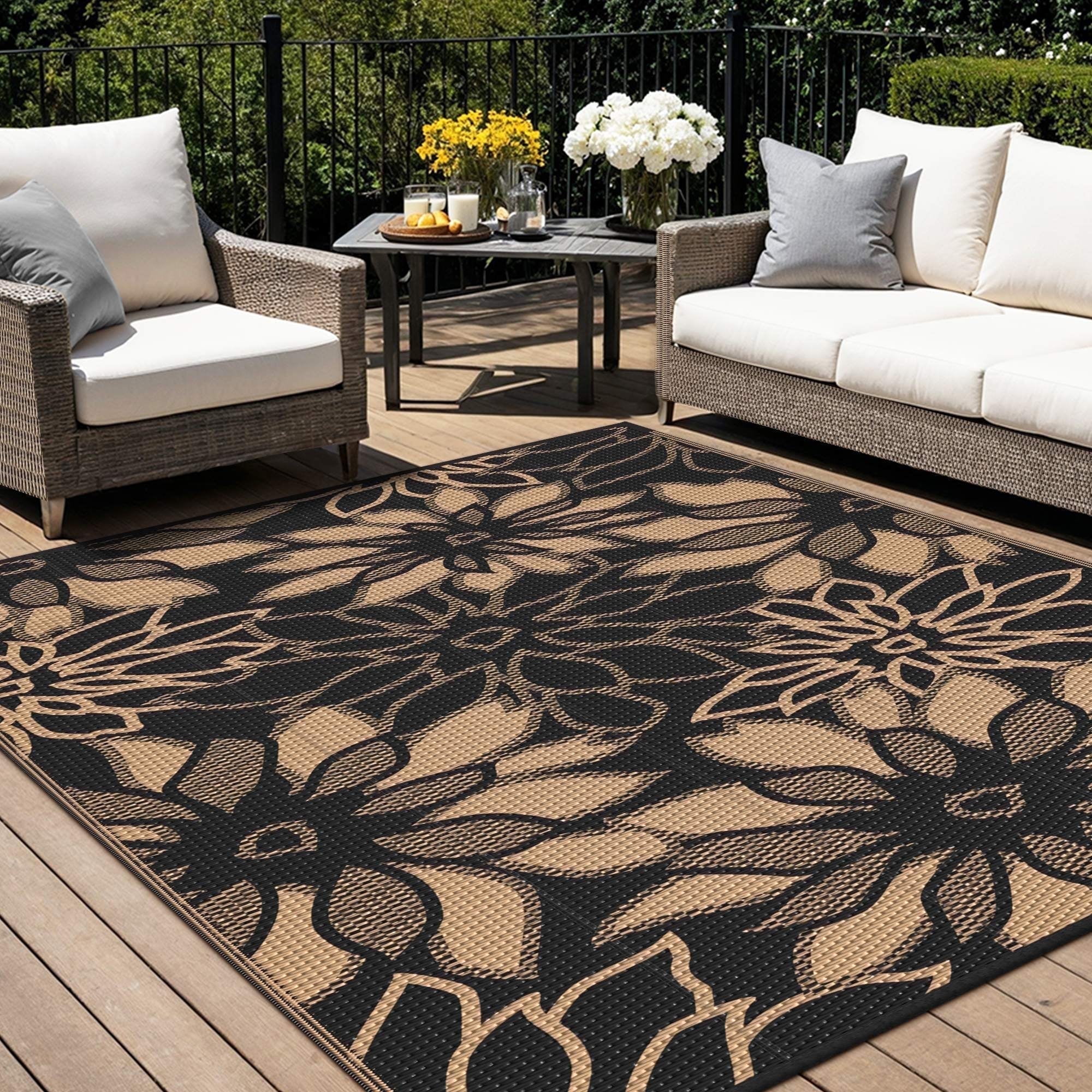 KUETH 6'x9' Outdoor Rug Waterproof Plastic Reversible Floral Patio ...