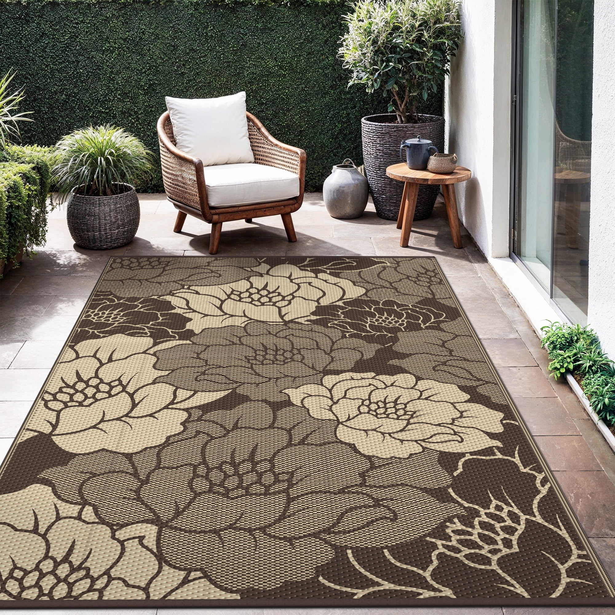 KUETH 9'x 12' Outdoor Rug Plastic Waterproof Outside Foldable Flower ...