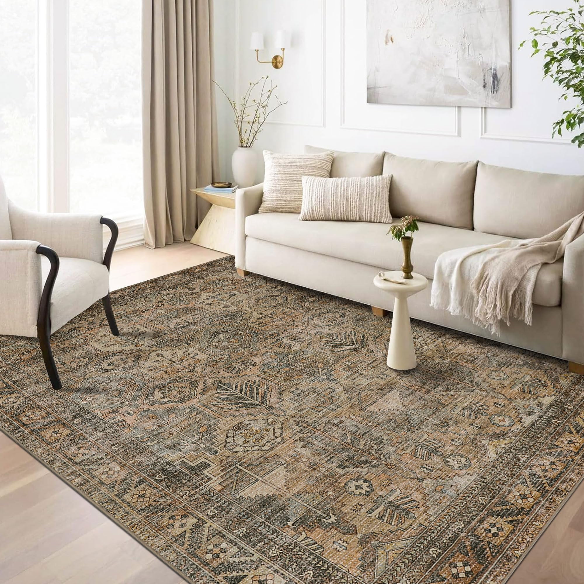 KUETH Area Rug 6x9 Machine Washable Vintage Distressed Print Ultra-Thin ...