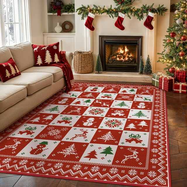 MCOW 8 X 10 Christmas Area Rug, Machine Washable, Non-Slip, Living Room ...