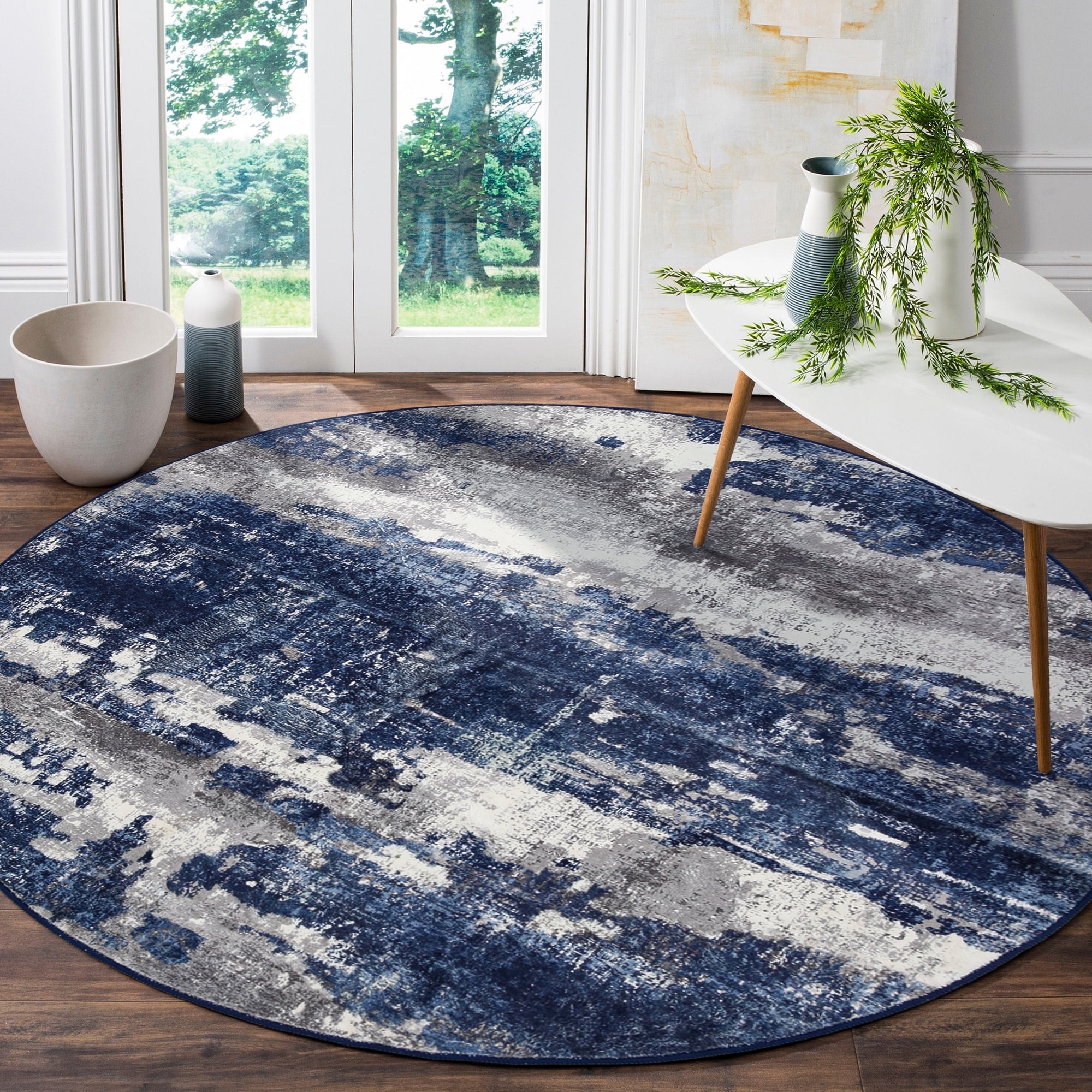 KUETH Easy Clean 5Ft Round Rug, Modern Abstract Print, Non-Slip ...