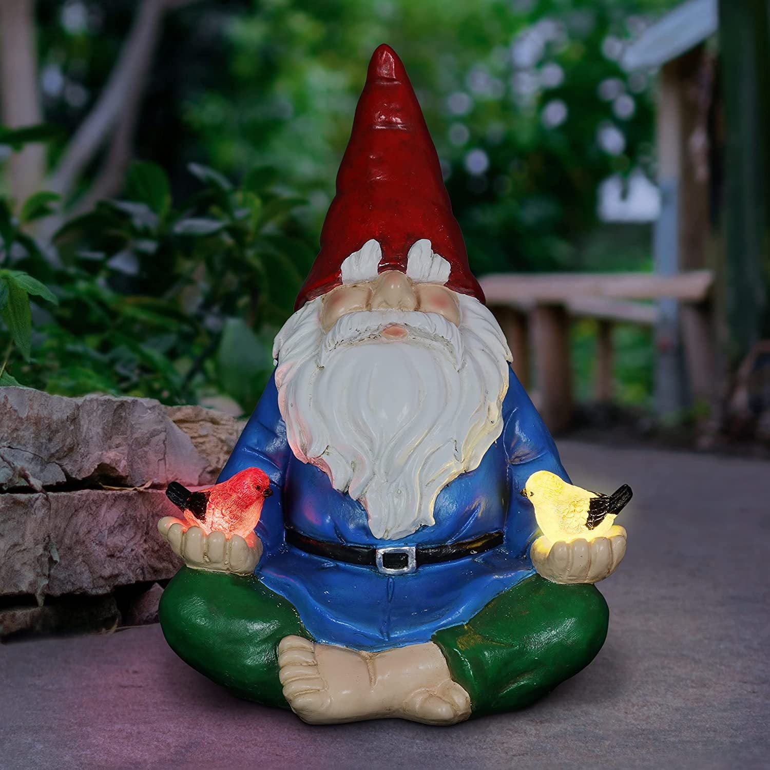 KUF Solar Light-Up Meditating Gnome Statue, w/2 LED Birds, Durable ...