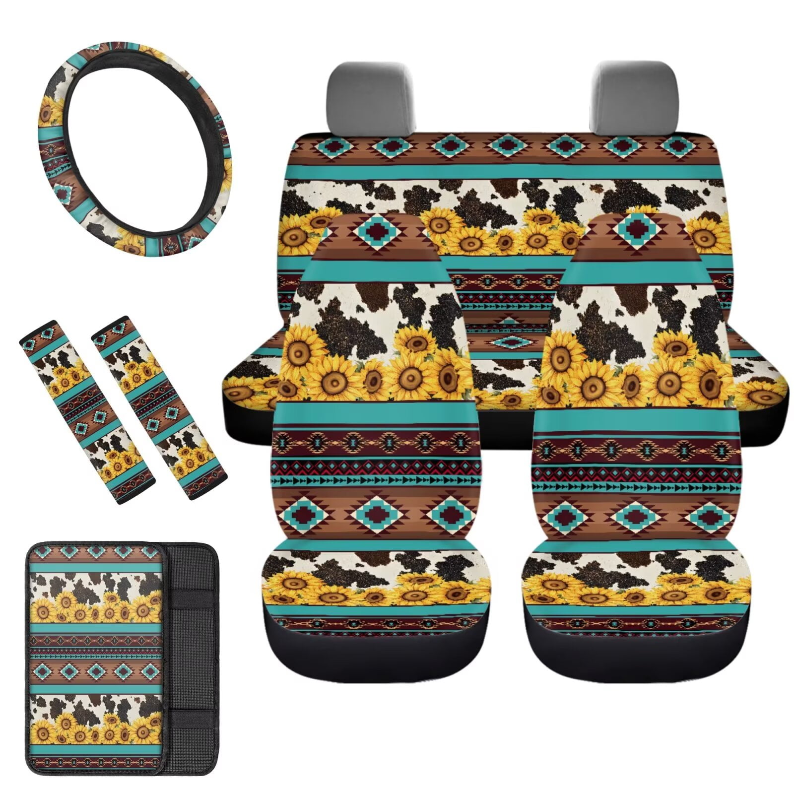 KUIFORTI 8 Pcs Yellow Sunflower Front Set and Rear Split Bench Seat ...