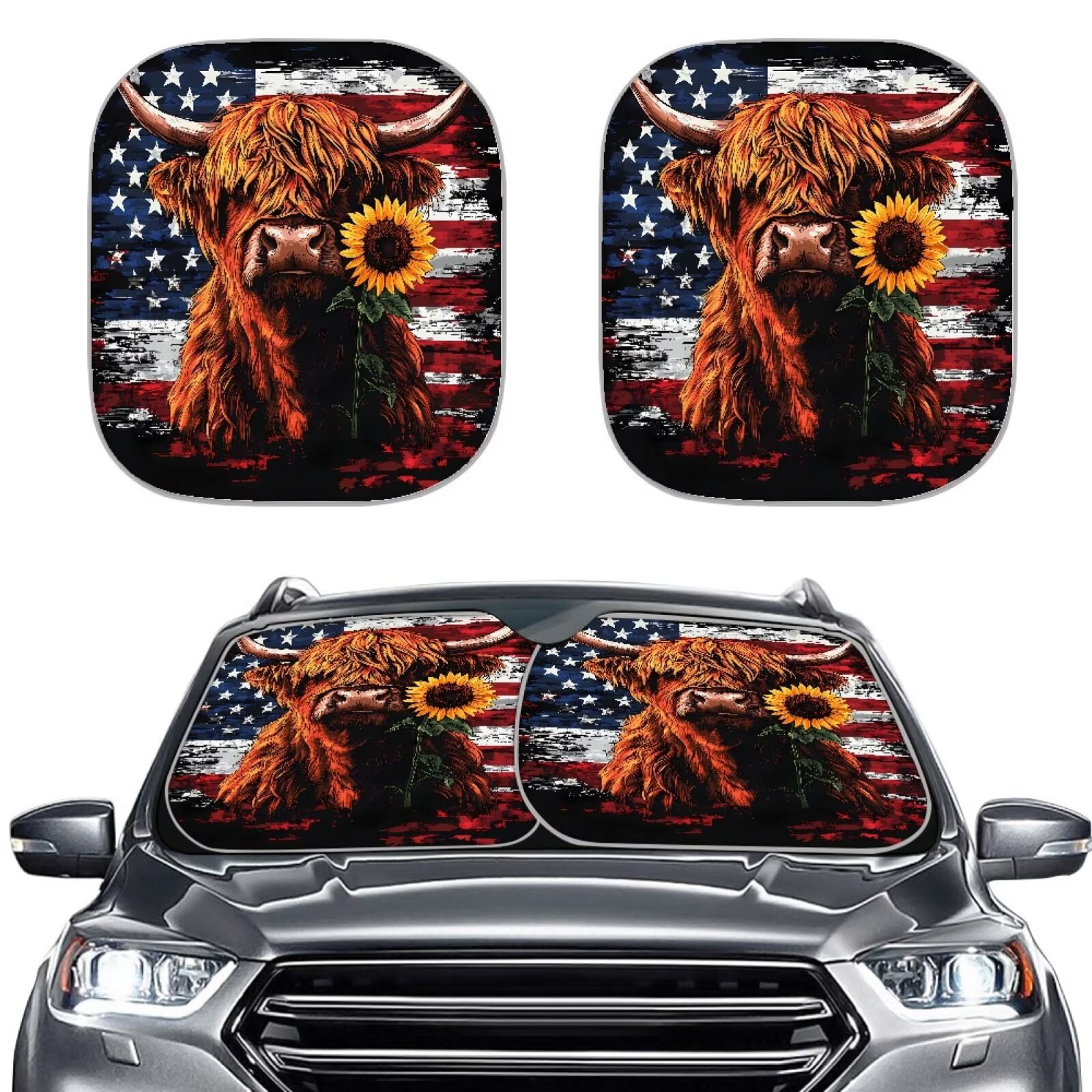 KUIFORTI American Flag Car Sun Shade Highland Cow Windshield Sunshade ...