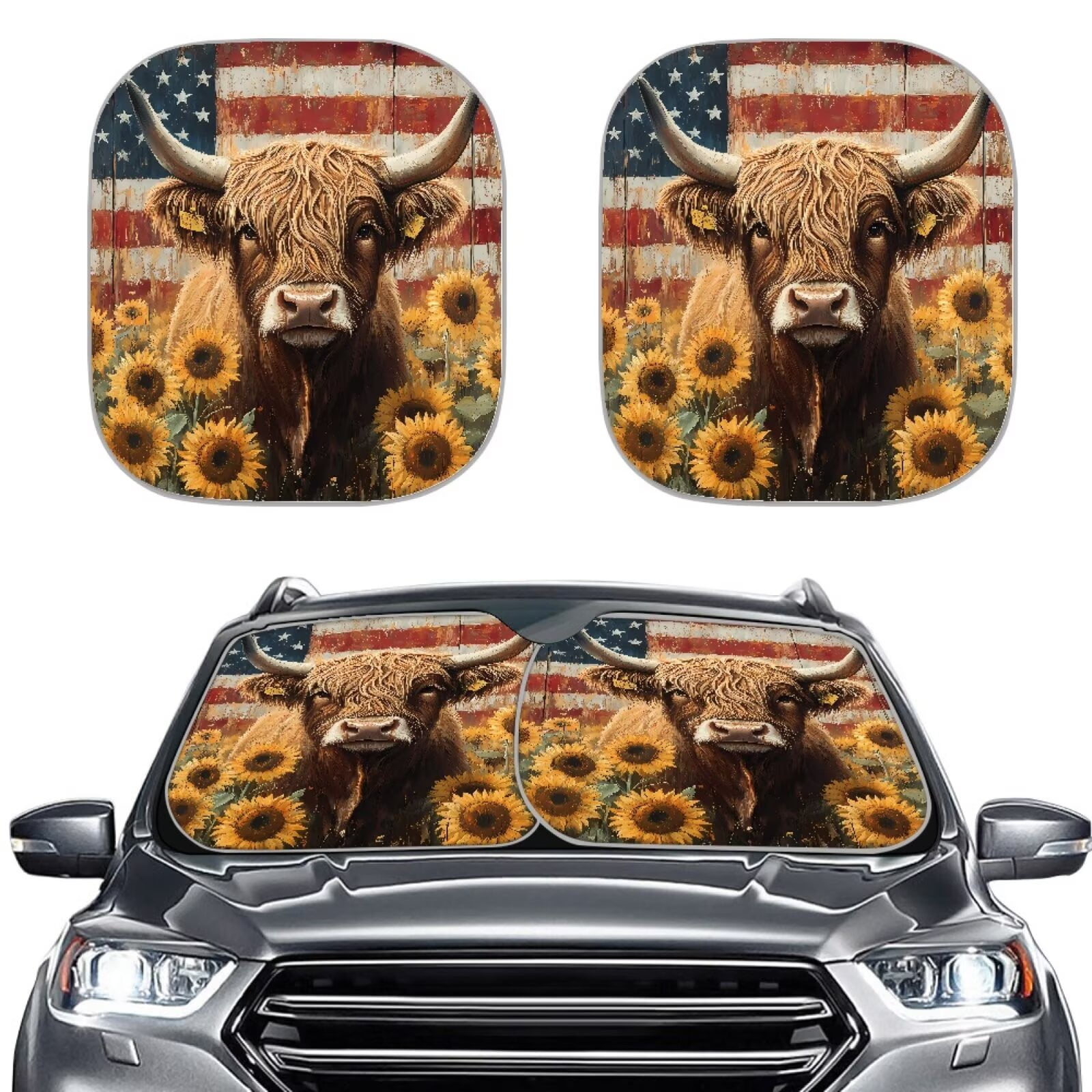 KUIFORTI American Flag Car Windshield Sun Shade, Highland Cow Sun Visor ...