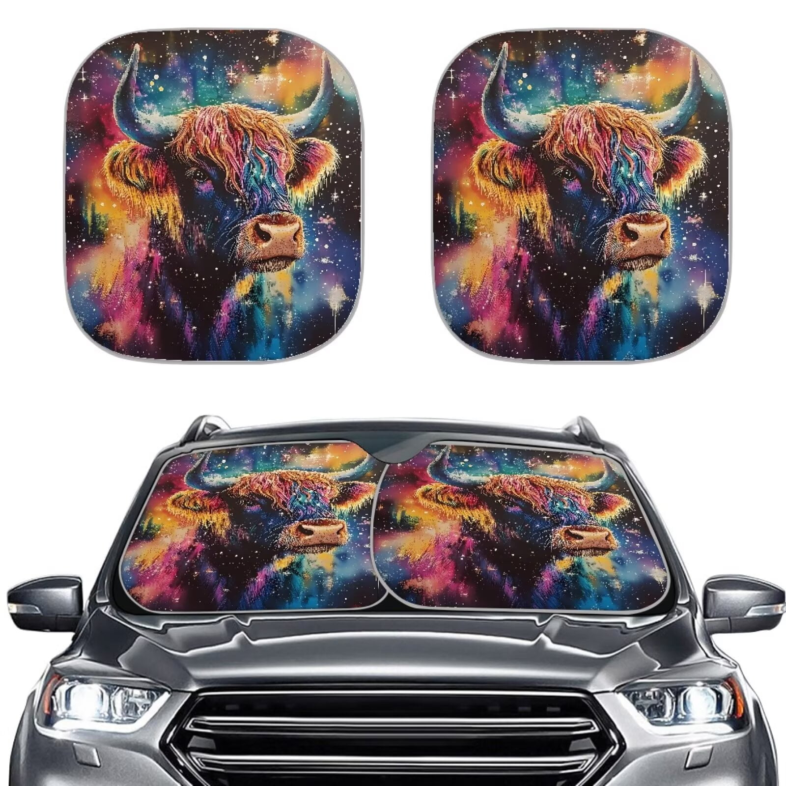 KUIFORTI Auto Sun Shade for Car Windshield Cute Highland Cow Galaxy Car ...