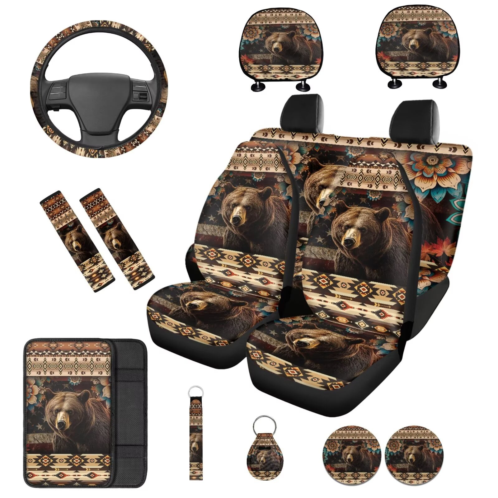 KUIFORTI Aztec Bear Car Seat Covers Full Set Set 14 Pcs with Car ...