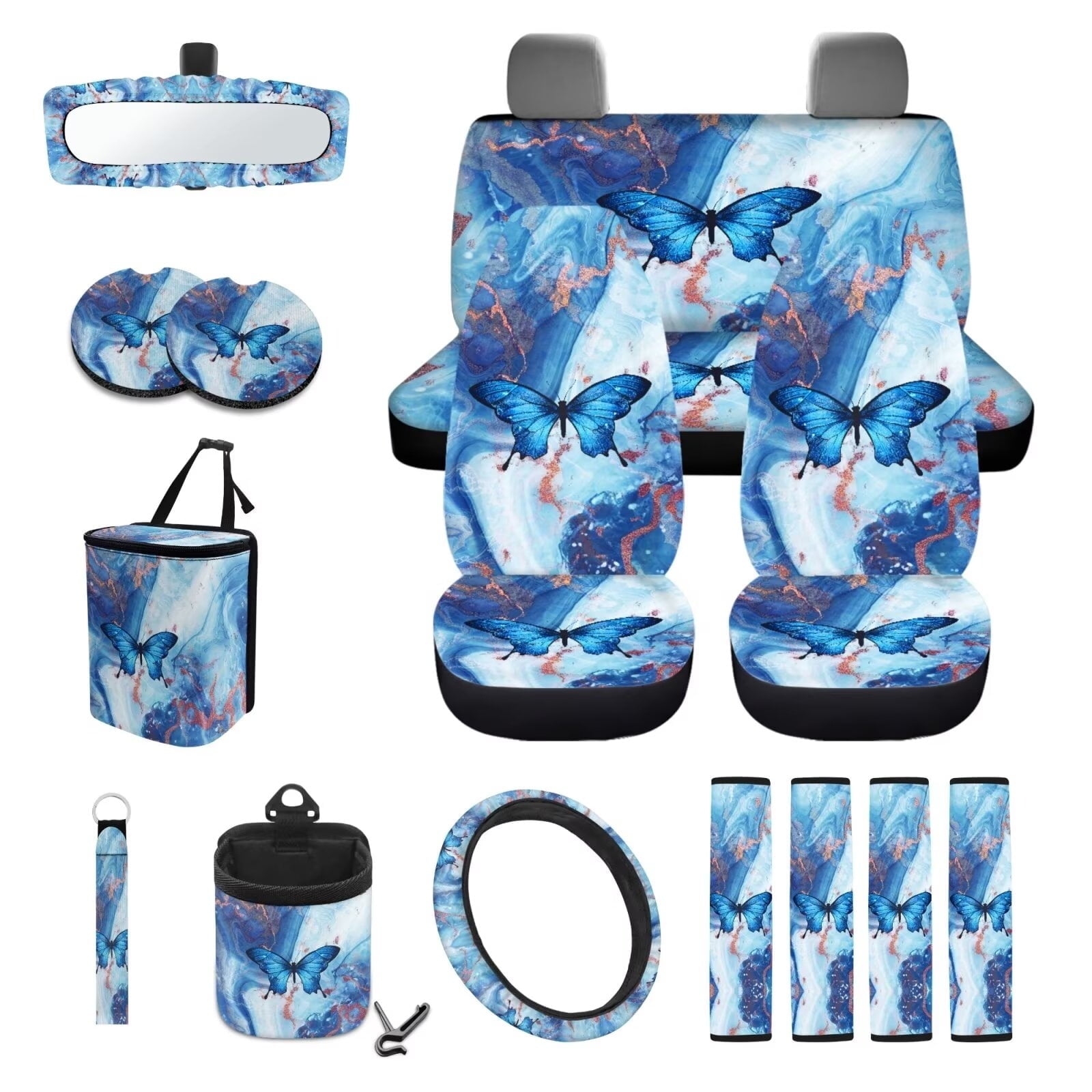 KUIFORTI Blue Butterfly Car Seat Covers Full Set for Women Marble Print ...